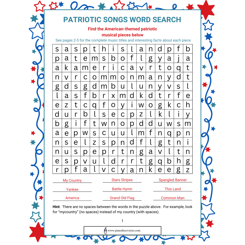 USA Patriotic Songs Word Search