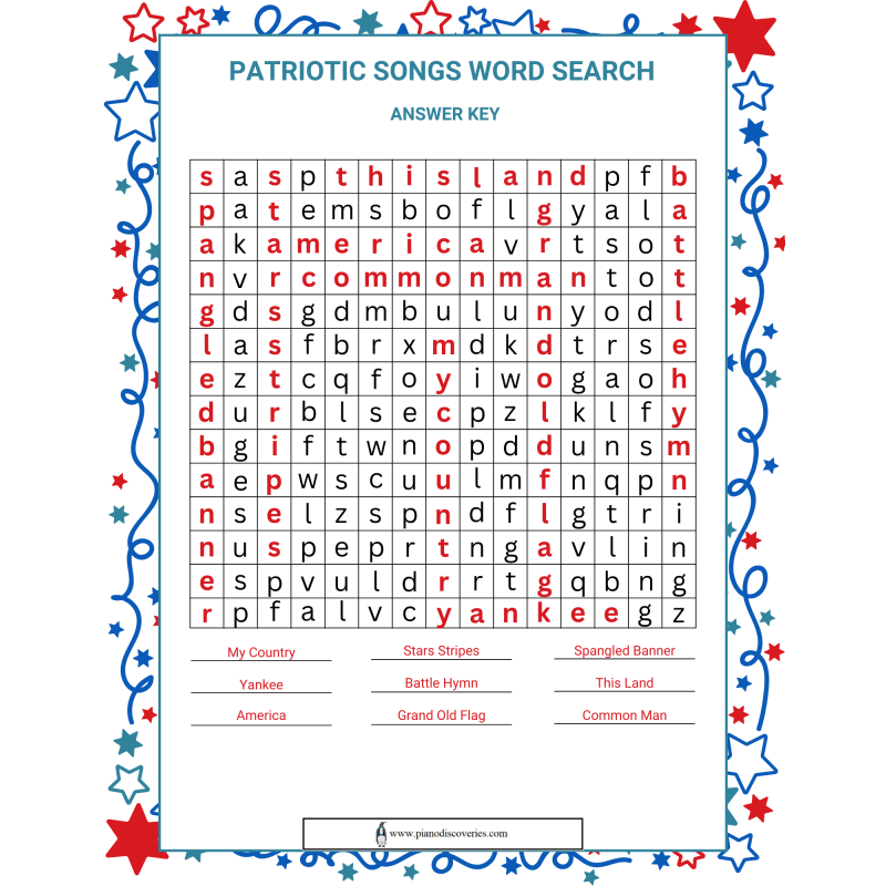 USA Patriotic Songs Word Search